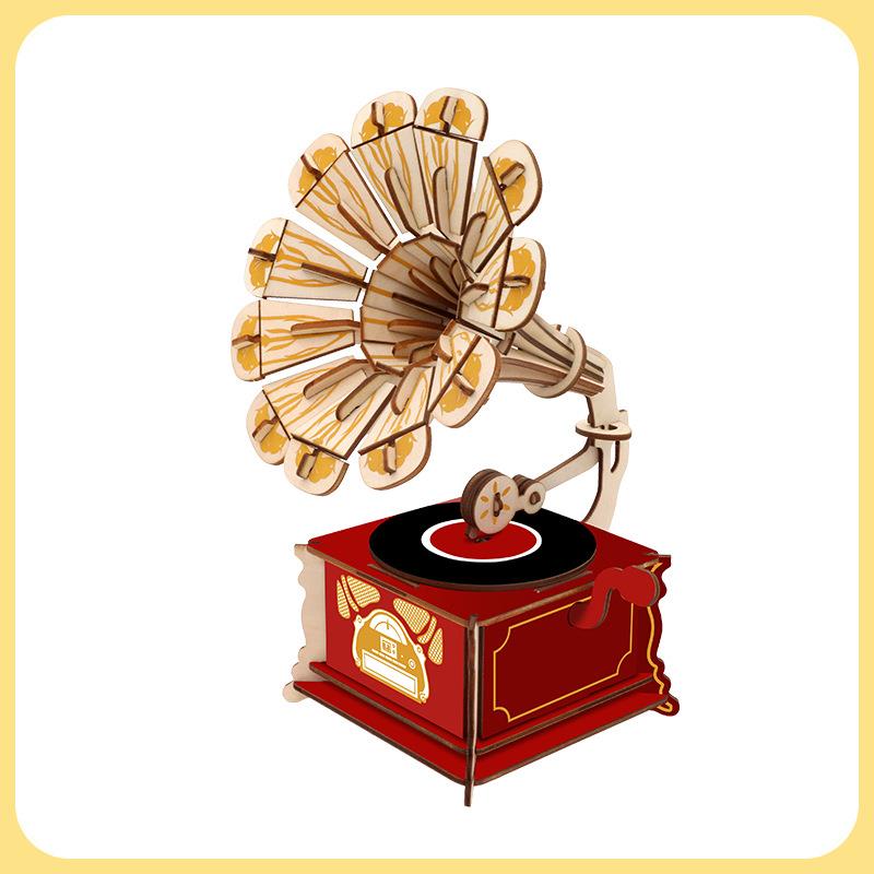 留聲機木製3D立體拼圖兒童拼裝仿真樂器模型DIY活動材料地攤玩具-Taobao