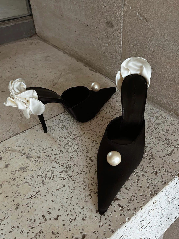 French New Pointed Satin Pearl High Heels Women's Stiletto Heel Ladies ...