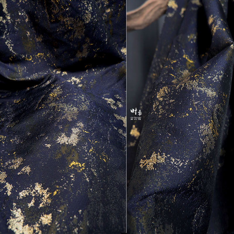 Fireworks retro blue and gold texture jacquard fabric classy gilt dress ...