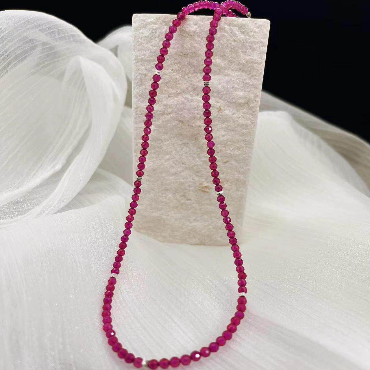 S925 sterling silver cultured ruby round faceted bead necklace/bracelet ...