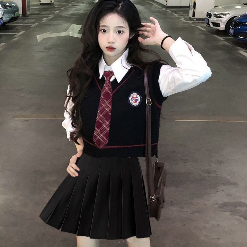 學院風短款針織馬甲女學生襯衫疊穿V領坎肩背心小個子套裝jk制服-Taobao