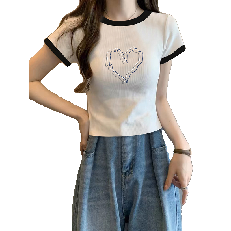 圓領短款T恤女夏2024年新款設計感修身T恤純棉上衣配高腰褲ins潮-Taobao