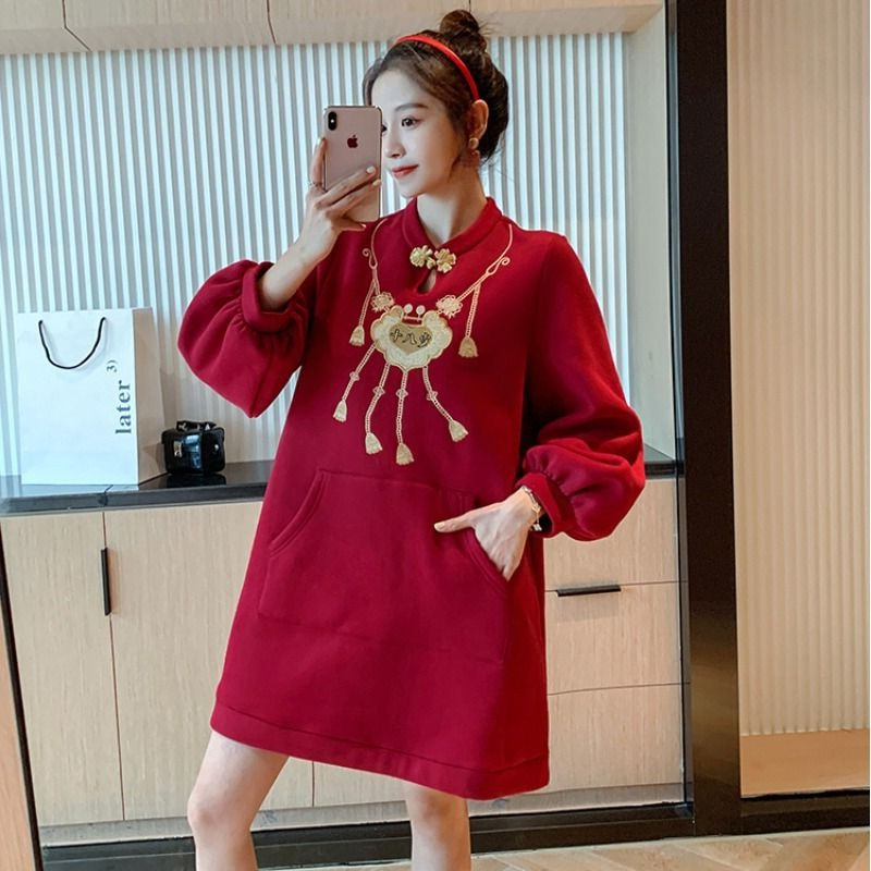 特大码300斤胖mm中国风红色卫衣裙女秋冬款宽松加绒加厚连衣裙ins-Taobao