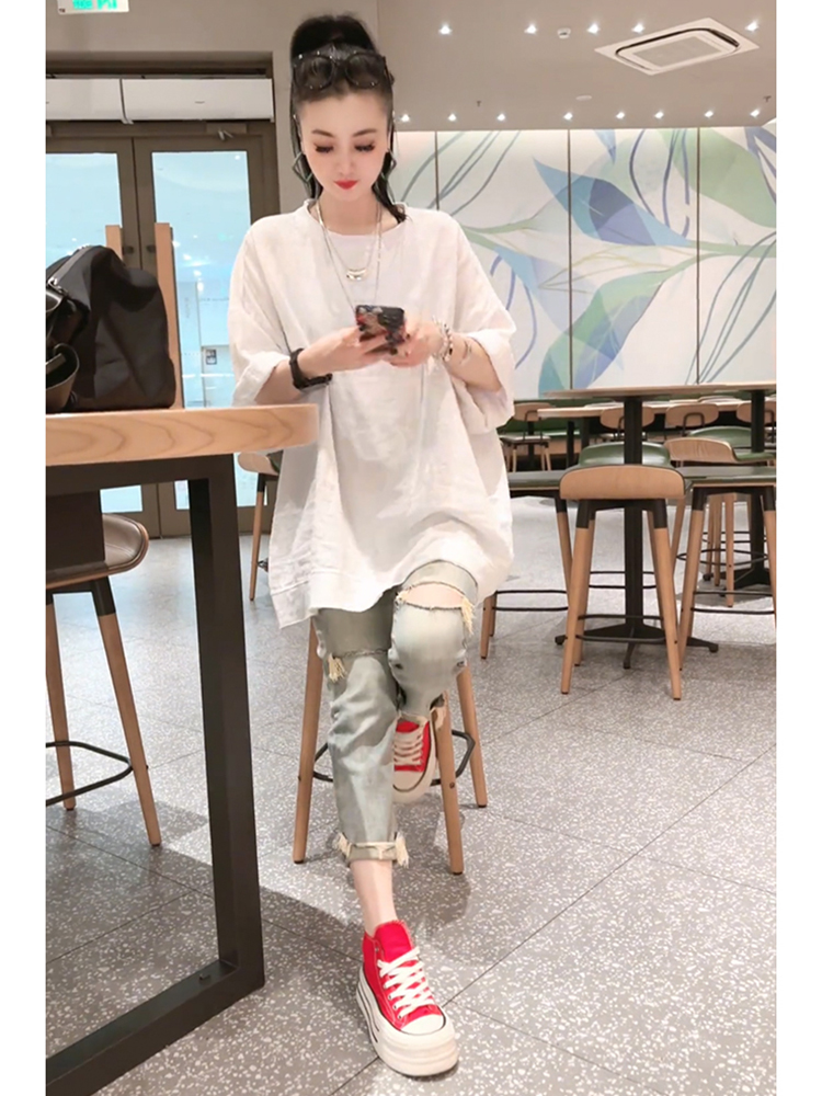 韓版百搭寬鬆大版中長版T恤歐洲站2024夏季新款時尚休閒純色上衣-Taobao