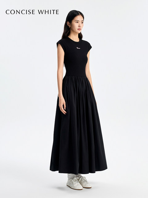 CONCISE-WHITE simple white white French temperament splicing dress long ...