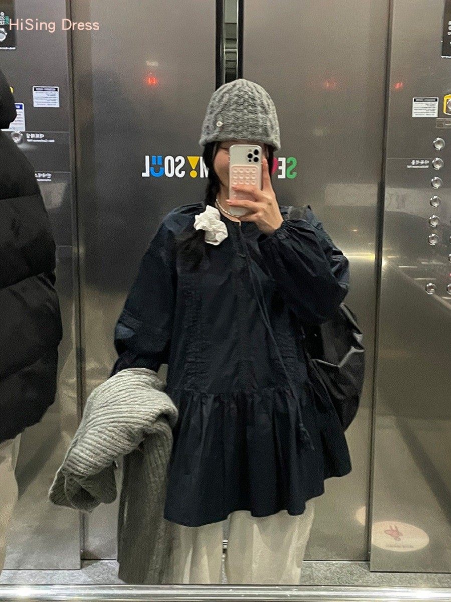 HiSing韓國代購 不多見的深藍娃娃裙 中和可愛 流蘇蕾絲邊襯衫裙-Taobao