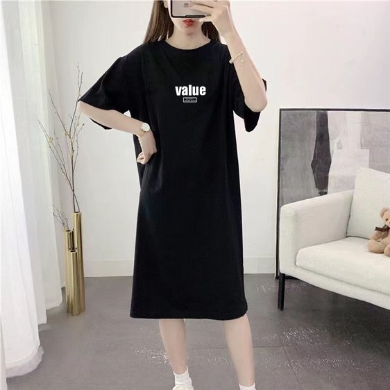 Cotton short -sleeved long skirt Korean loose over -the -knee T -shirt ...