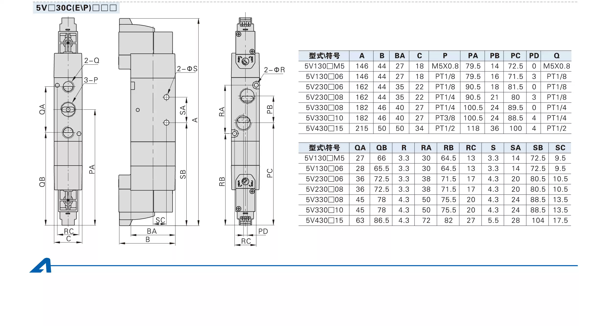 AirTac/亚德客5V系列电磁阀五口二位/五口三位双位置单电控换向阀