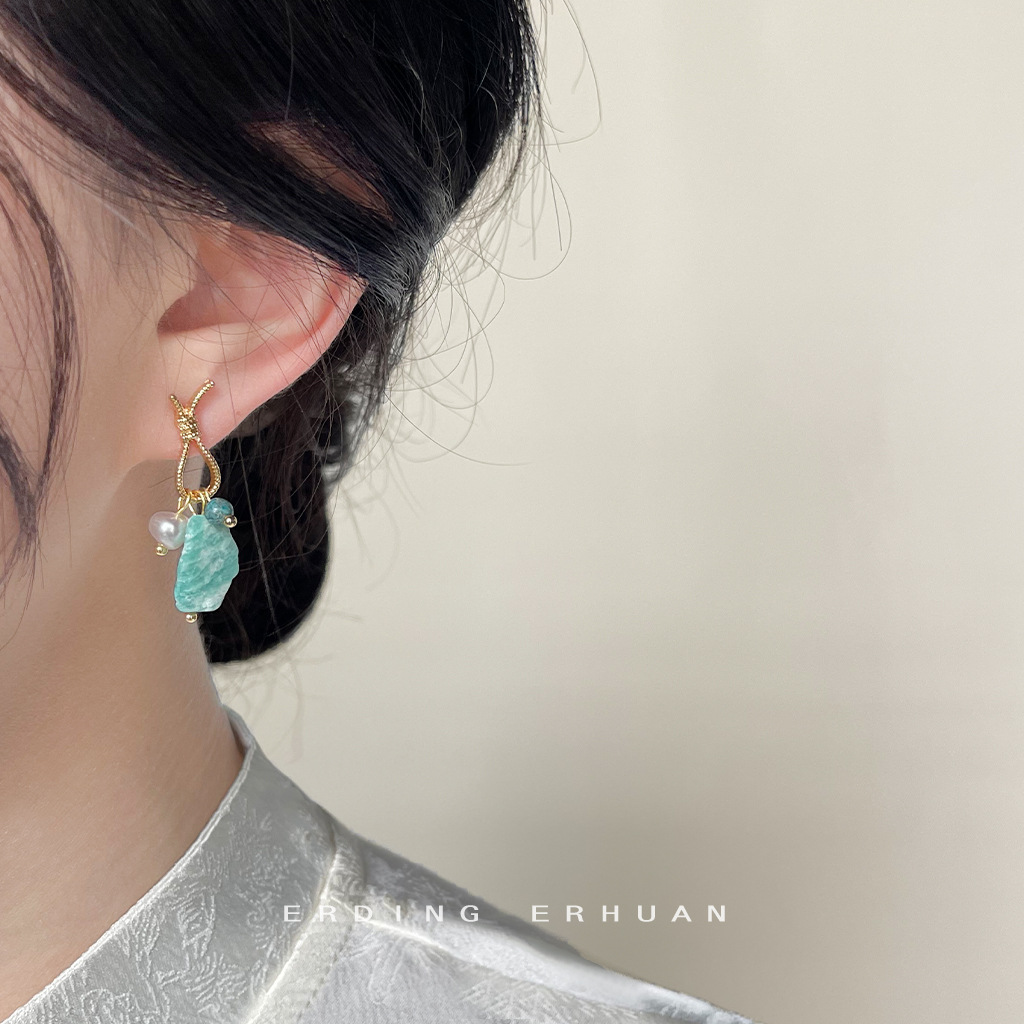 天然石原创设计手工耳饰女镀14K新轻奢风高级感银针耳环-Taobao