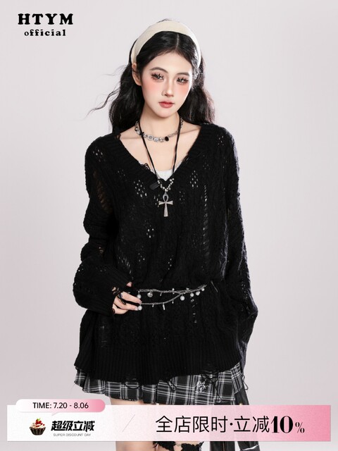 HTYM Black Space American retro V-neck hollow black long-sleeved blouse for women's spring and ...