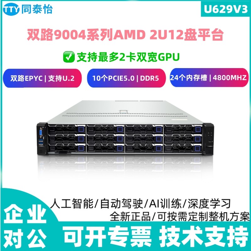 同泰怡TU629V3 双路2U12盘通用服务器 AMD四代9004系列支持3GPU卡