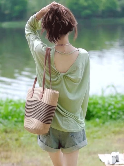 Backless long-sleeved T-shirt for women 2025 new hot summer super hot ...