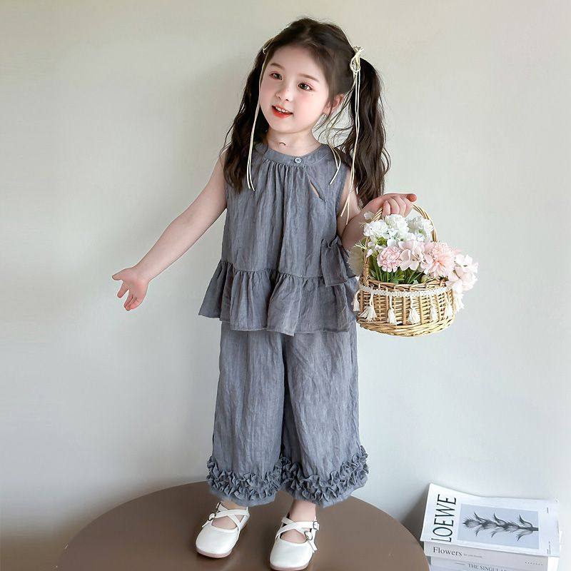 2025新款女童套装：夏日潮流，荷叶边上衣+阔腿裤，打造甜美公主范儿！-儿童运动套装-淘宝百科网