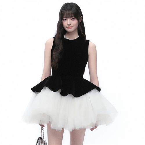 Pink ers联名款赫本千金风无袖丝绒拼接芭蕾裙高级感网纱蓬蓬裙