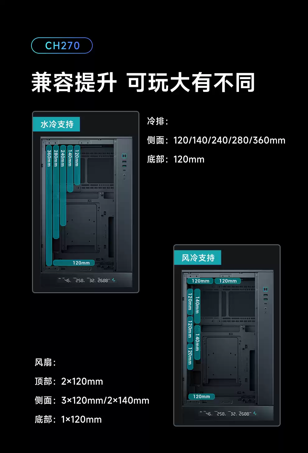 九州风神CH270电脑机箱 支持MATX背插与360水冷 机箱温度显示