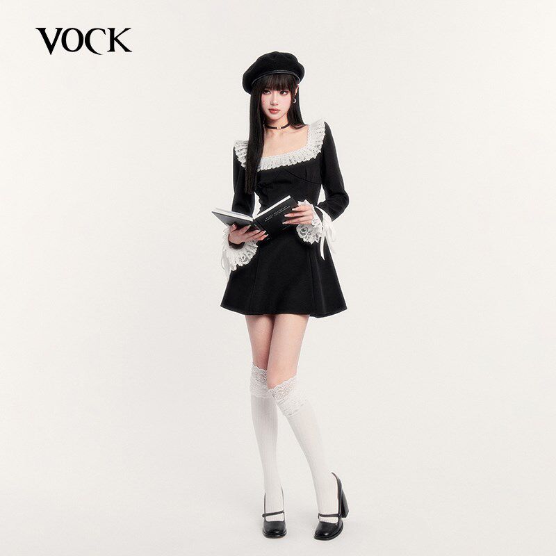 VOCK 初见钟情 千金风乖巧蕾丝B精致Miu系长袖收腰显瘦方领连衣裙