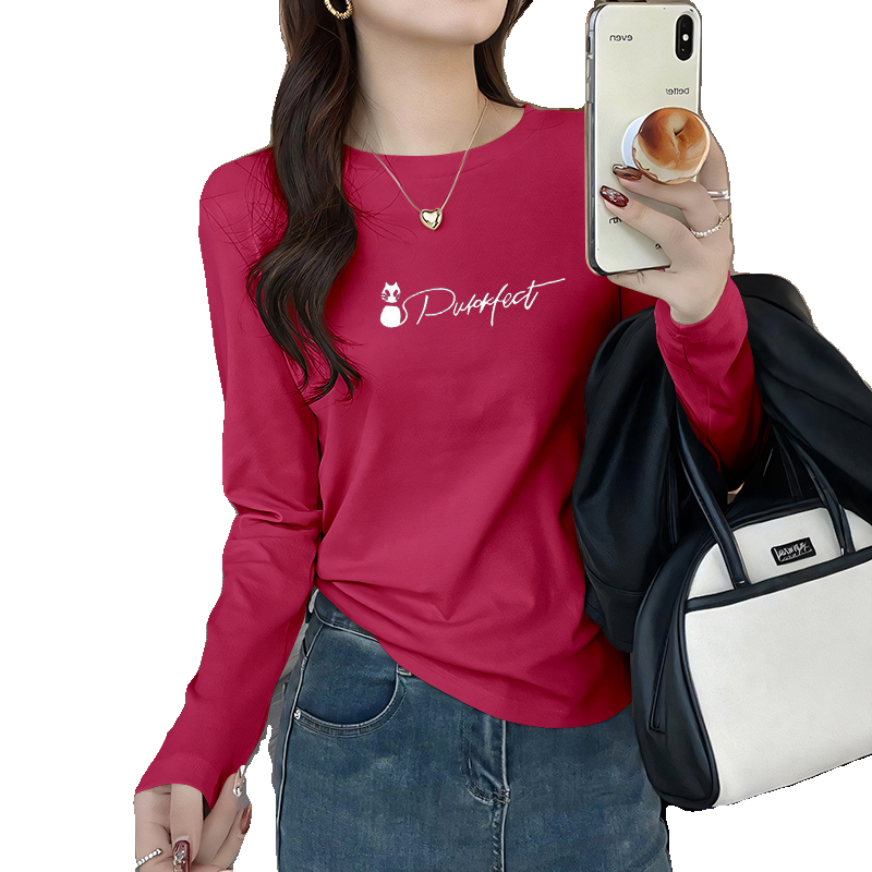 2024新款秋冬玫红色短款纯棉打底衫女内搭修身加绒长袖T恤上衣ins-Taobao Malaysia