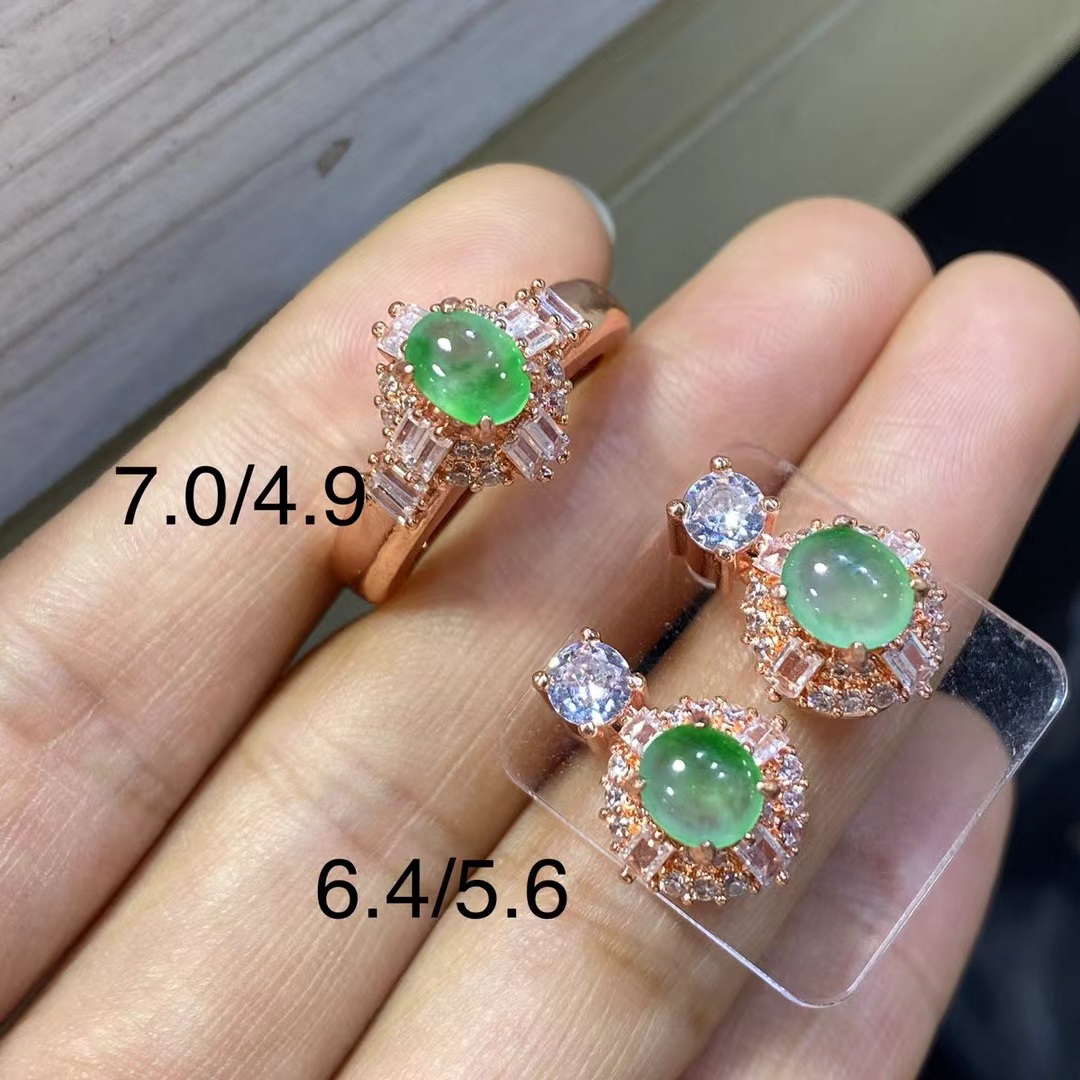 新款天然緬甸翡翠A貨高冰蛋面女戒耳針925銀鑲嵌帶證書帶禮盒-Taobao