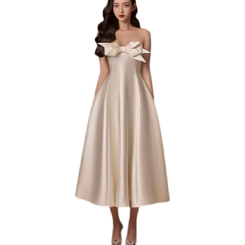 Vietnamese Niche Design Elegant Bow Strapless Waist Umbrella Long Dress ...
