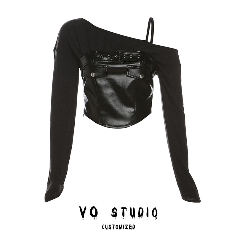 VOstudio 又A又飒黑色PU皮系带拼接斜肩性感御姐辣妹修身短上衣女-Taobao