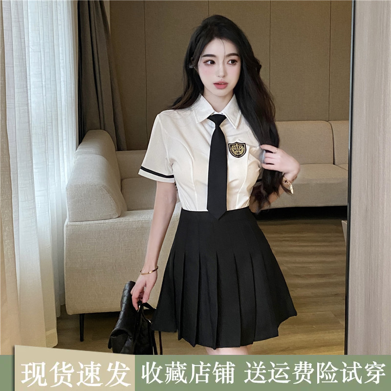 大码女装胖mm洋气jk裙套装夏季短袖制服英伦校服两件套白polo衬衫-Taobao