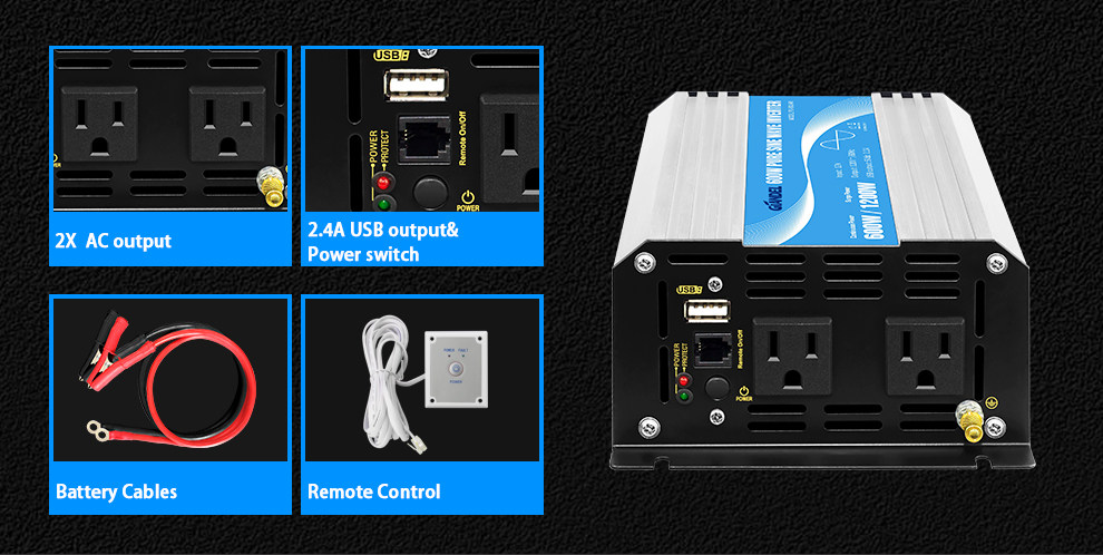 Power Inverter Pure Sine Wave 600W 12V to 110V-120V USA Transistor 4.5m ...