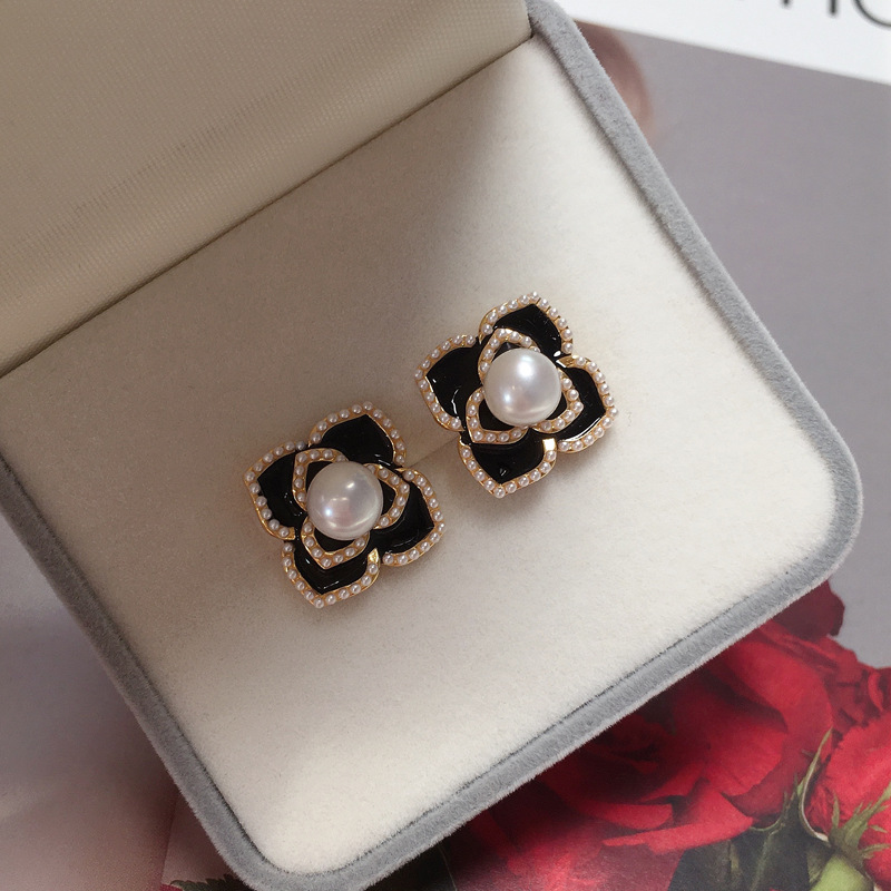诸暨天然淡水珍珠耳环女18K包金小香风气质黑玫瑰耳钉S925纯银针-Taobao
