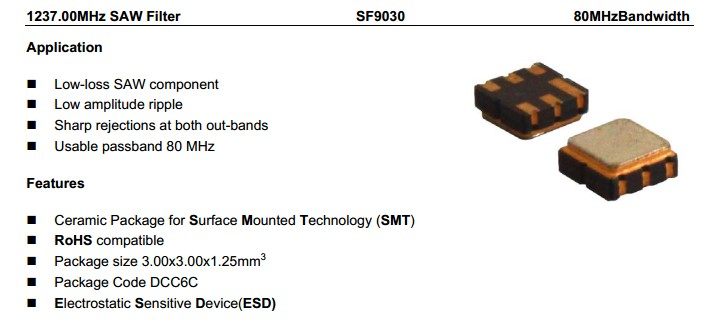 声表滤波器 频点1237MHz 带宽80MHz 现货 中讯四方 SF9030 导航