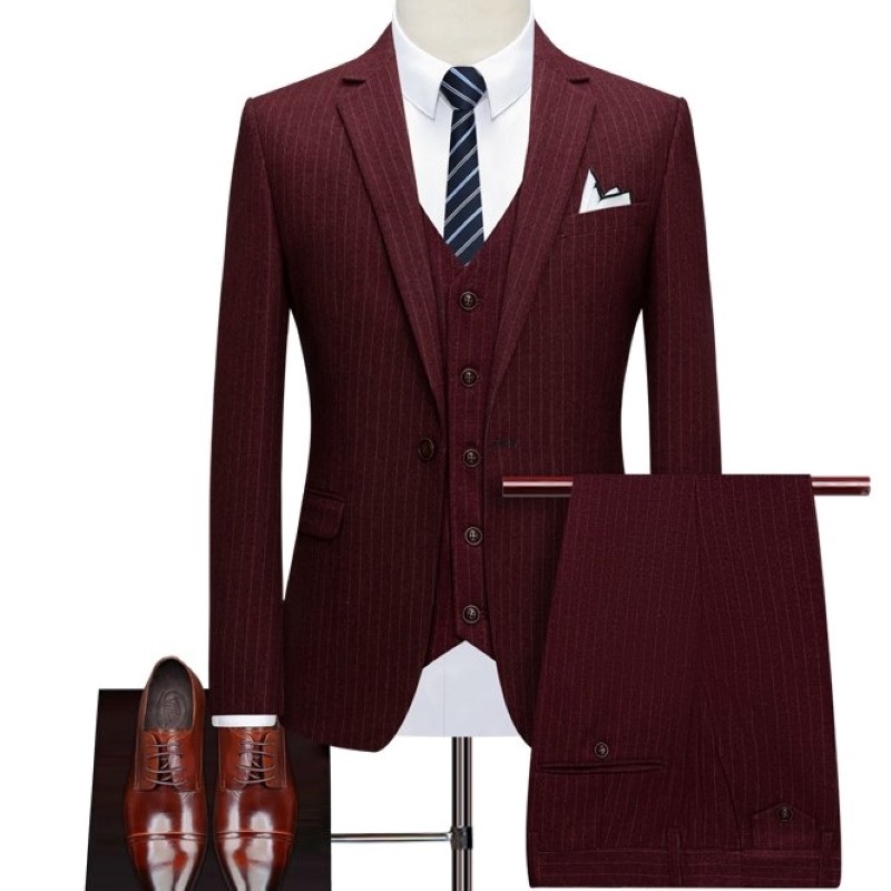 [USD 112.36] Striped wine red suit male body repair suit three sets of ...