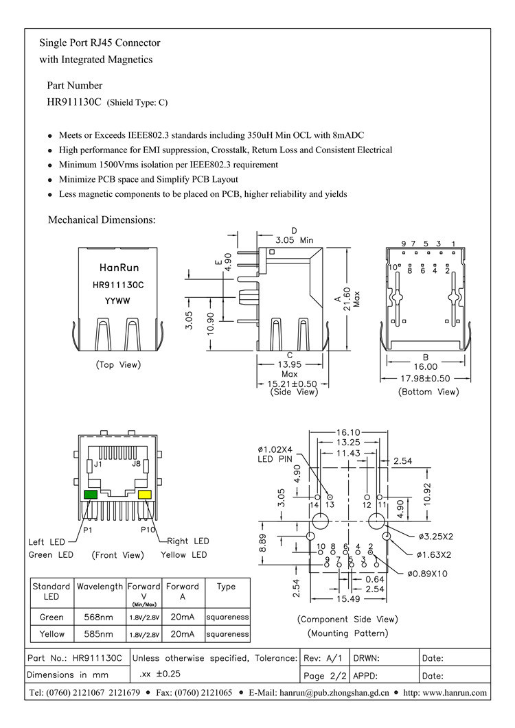 原装正品HR911130C RJ45插座1000Base-T WiFi网络连接器带LED弹片-阿里巴巴