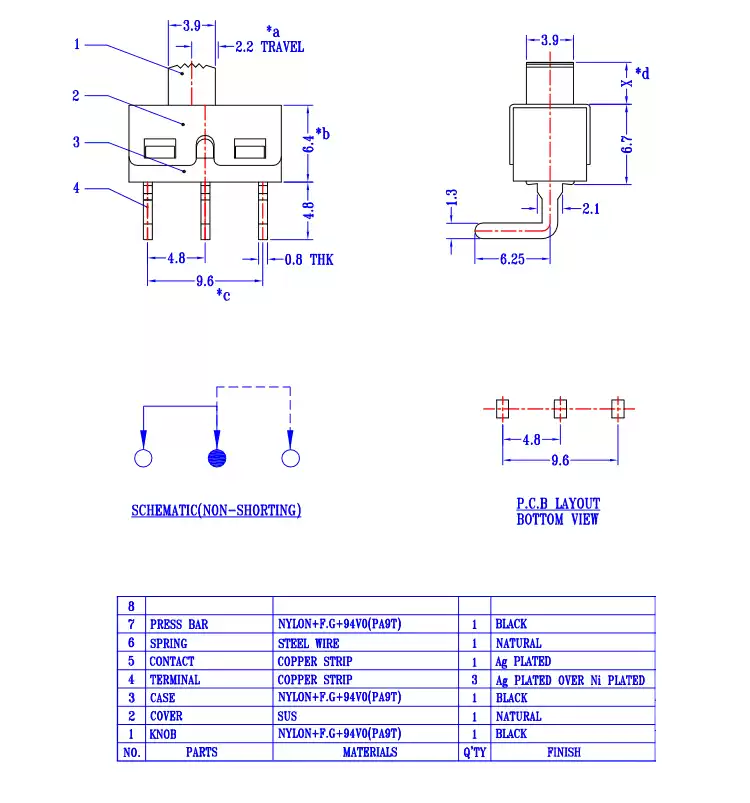 SS12D06 SS12D10 5MM柄高 2档3脚 大电流拨动开关 直/弯脚