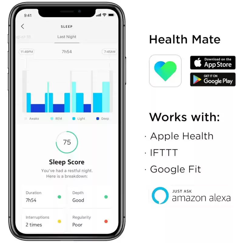 Withings WSM02-All-US 睡眠监测垫 监测睡眠 分析心率并检测打鼾