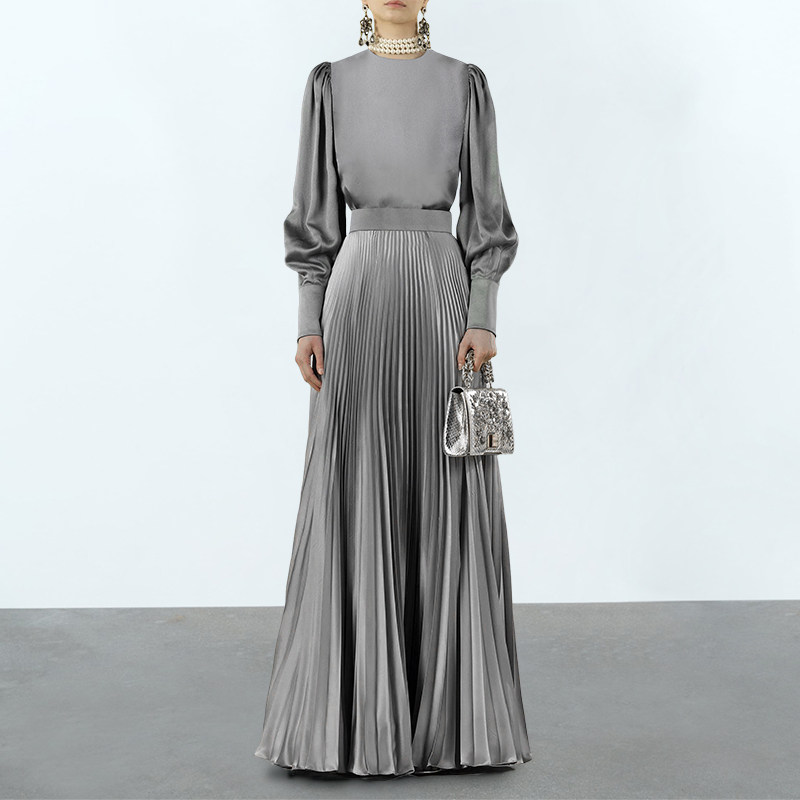 High-end Dress Luxury Satin Dress Elegant Grey Pleated Dress Waist Long ...