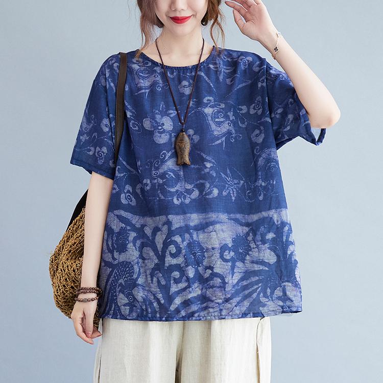 春夏季新中式文藝百搭寬鬆氣質舒適高端女印花長袖休閒T恤上衣-Taobao