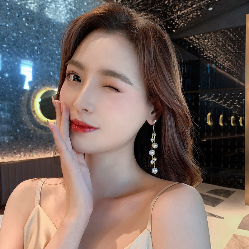 韩国超仙气质流苏珍珠耳环甜酷冷淡风耳钉S925耳饰银针级感-Taobao