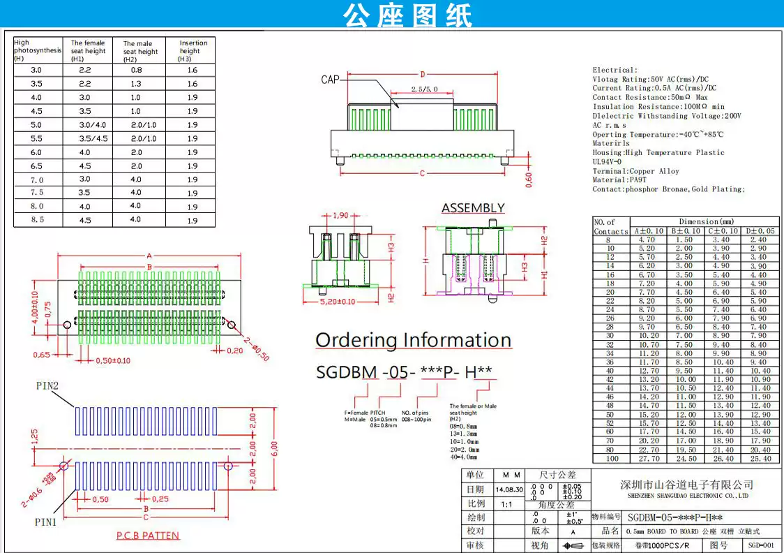 SGD双槽0.5mm精密连接器 SGDBM-05-80P-H10 SGDBF-05-80P-H30 电子元器件