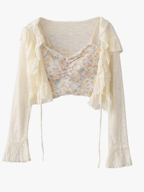 Spring new French gentle wind ruffled carriers lace cardigan outer ...