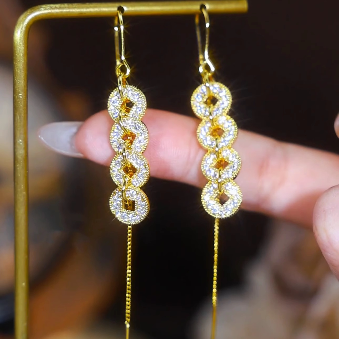 New chinese style full diamond coin earrings long tassel anti-lost ...