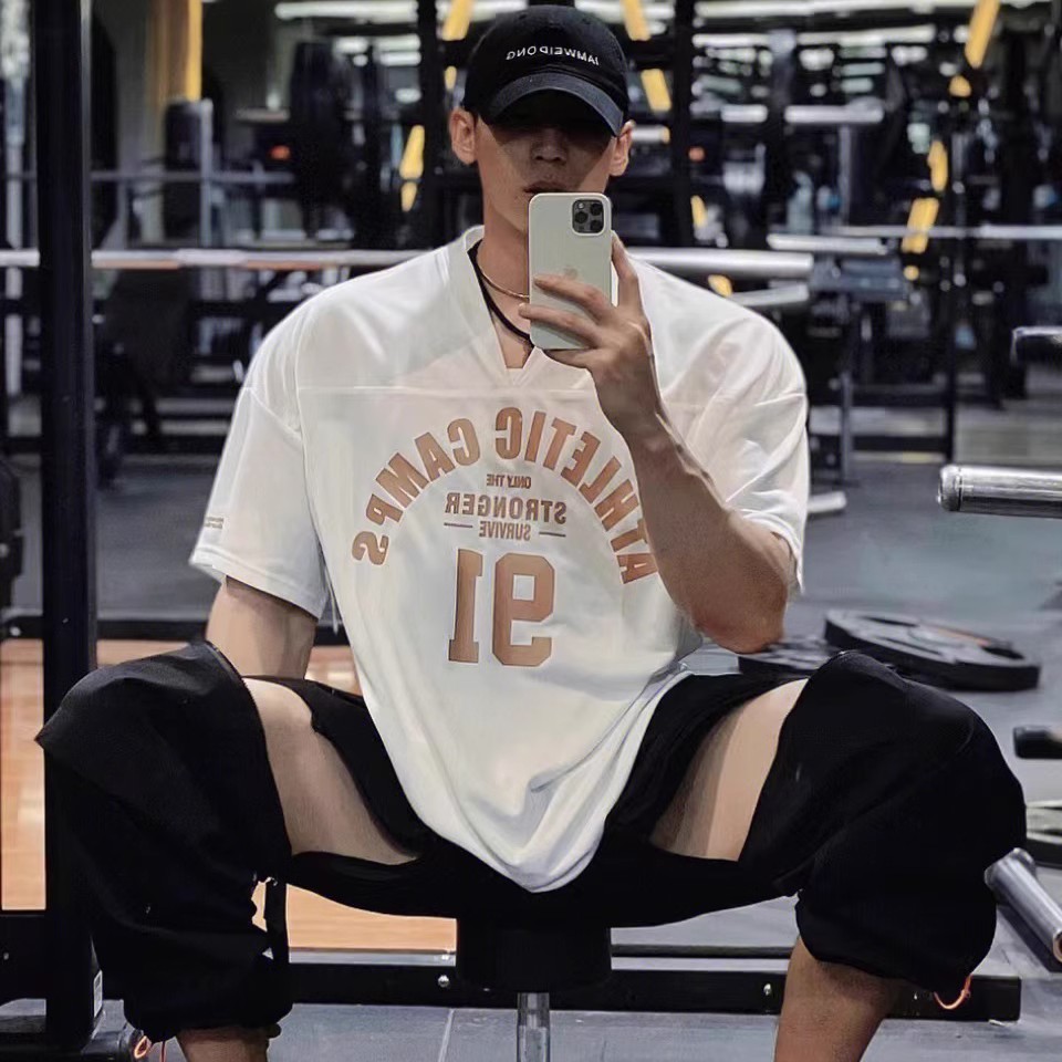 大尺碼300斤V領運動T恤肌肉男裝ins潮牌寬鬆速乾短袖健身訓練服上衣-Taobao