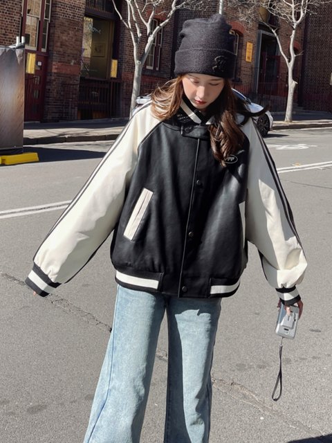 American casual contrasting color splicing baseball uniform leather ...