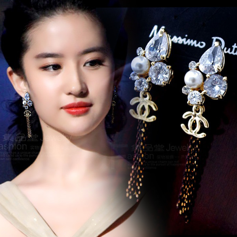 日韓歐美高端時尚耳環水滴防掉超閃水晶寶石鋯石流蘇925銀針防敏-Taobao