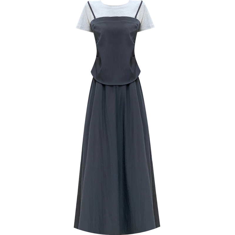 大码胖mm裙子套装女夏季假两件圆领短袖上衣长款a字半身裙两件套-Taobao