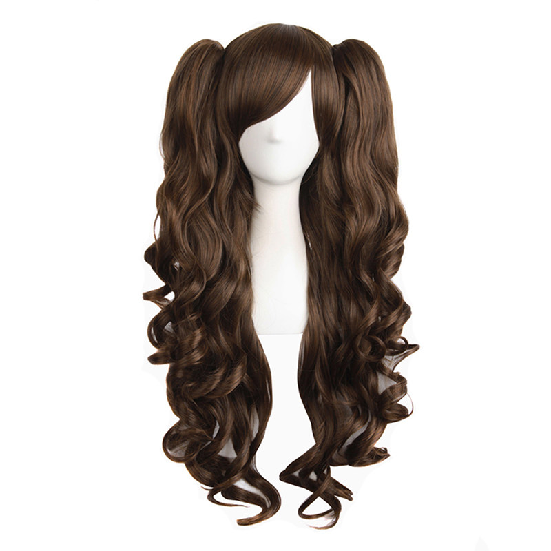 Cosplay wig women's long curly hair lolita claw clip double ponytail ...