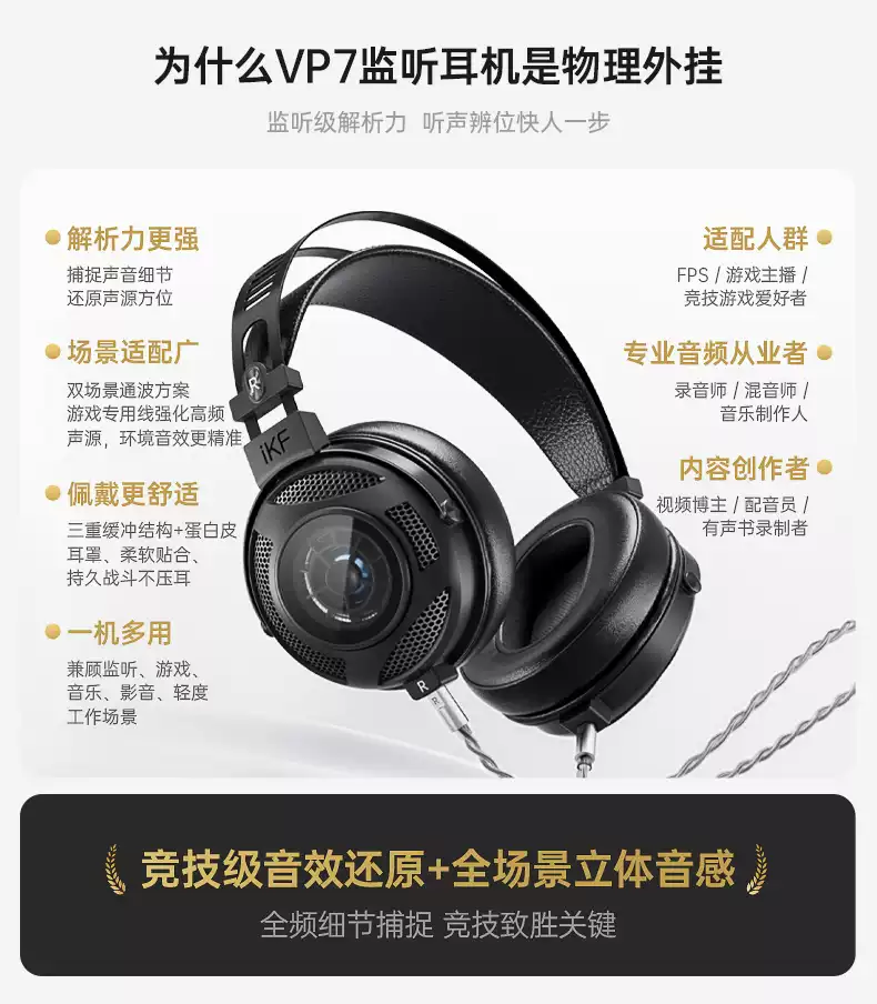 iKF VP7头戴式大动圈监听耳机封闭式高解析HiFi电竞游戏有线电脑