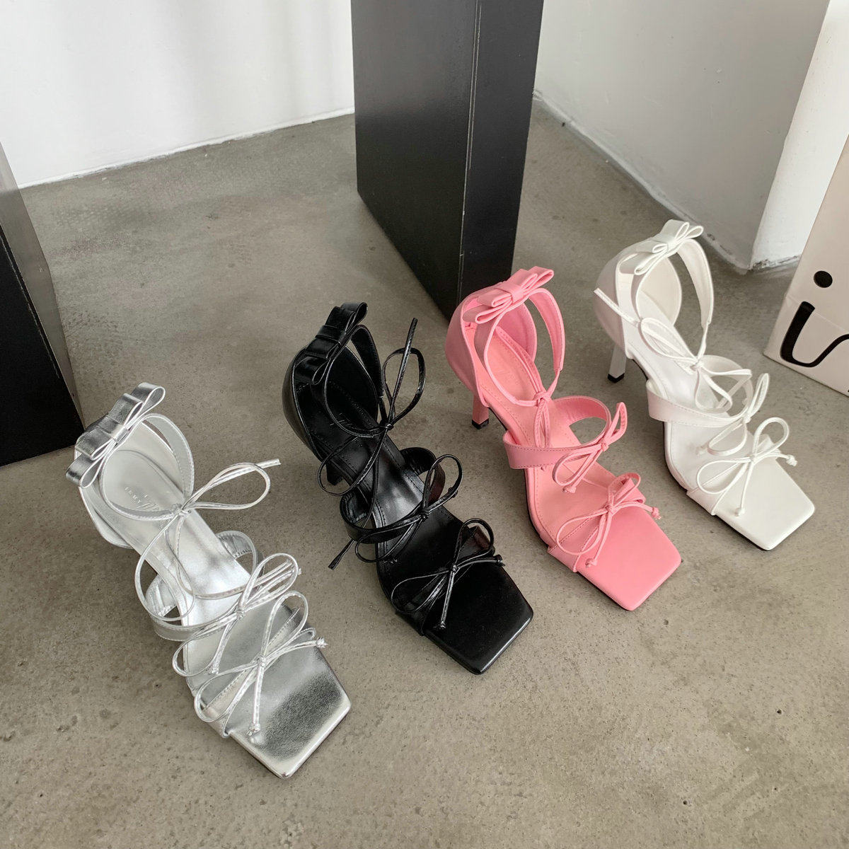 Small 2023 New Silver Bow Square Toe Strap Sandals Stiletto Heel with ...