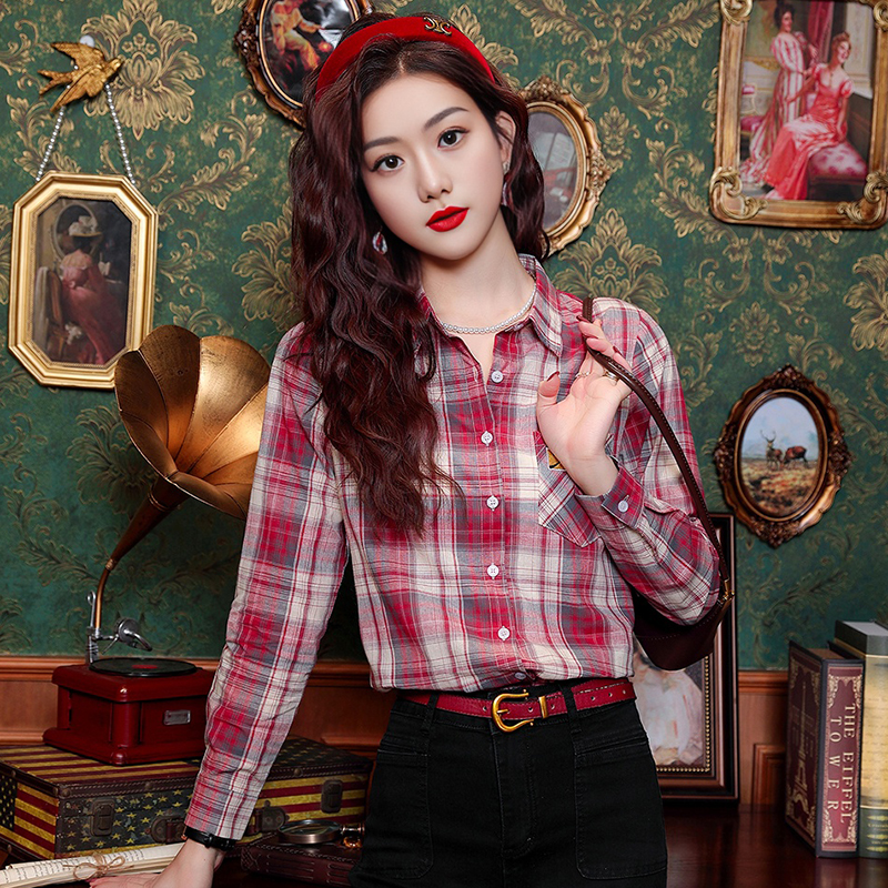 复古格子长袖衬衫女春季新款2024时尚洋气格纹衬衣polo领外穿上衣-Taobao