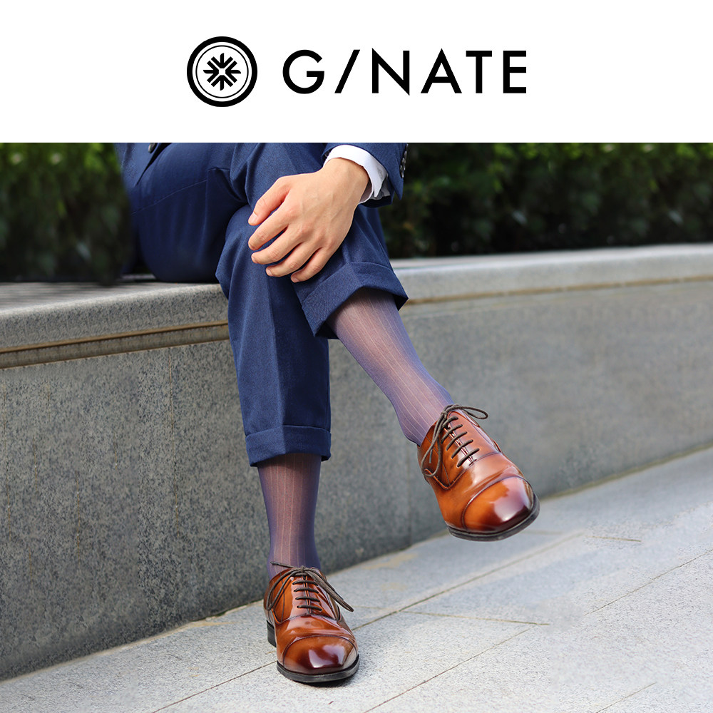 及圖GNATE男士正裝商務藏青色尼龍絲襪歐美中筒性感TNT男絲襪3雙