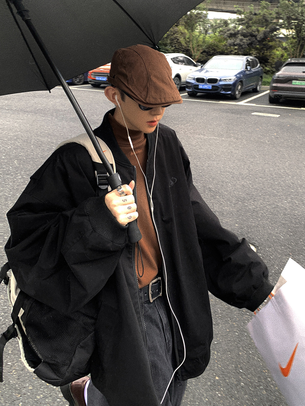 Aurocean 全黑廓形大版外套 复古水洗全棉万针刺绣防风衣