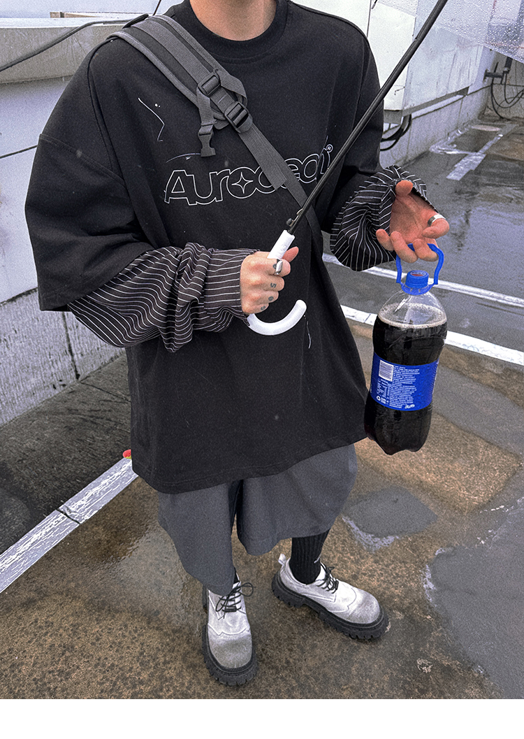 Aurocean 假兩件黑色長袖T恤 320克重純棉涂鴉印花襯衫袖大版t|T恤|ETMall東森購物網