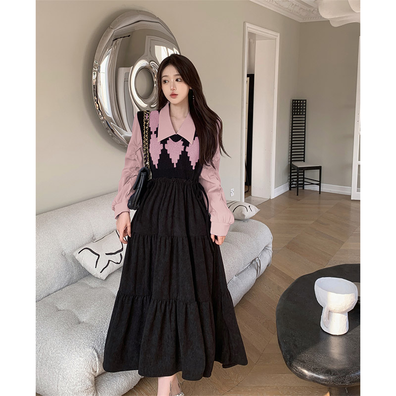 2023秋冬新款大码女装胖mm气质显瘦法式长袖遮肚假两件拼接连衣裙-Taobao